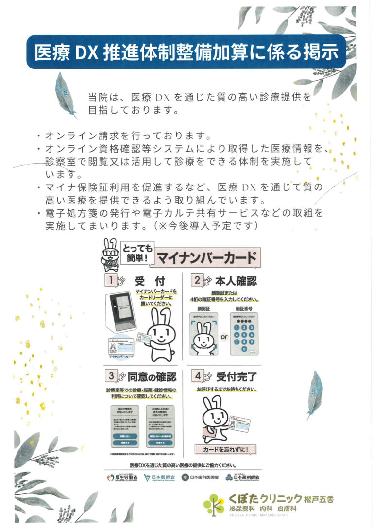 医療DX推進体制整備加算に係る掲示 | 松戸市五香｜泌尿器科・内科・皮膚科・美容皮膚科｜くぼたクリニック松戸五香